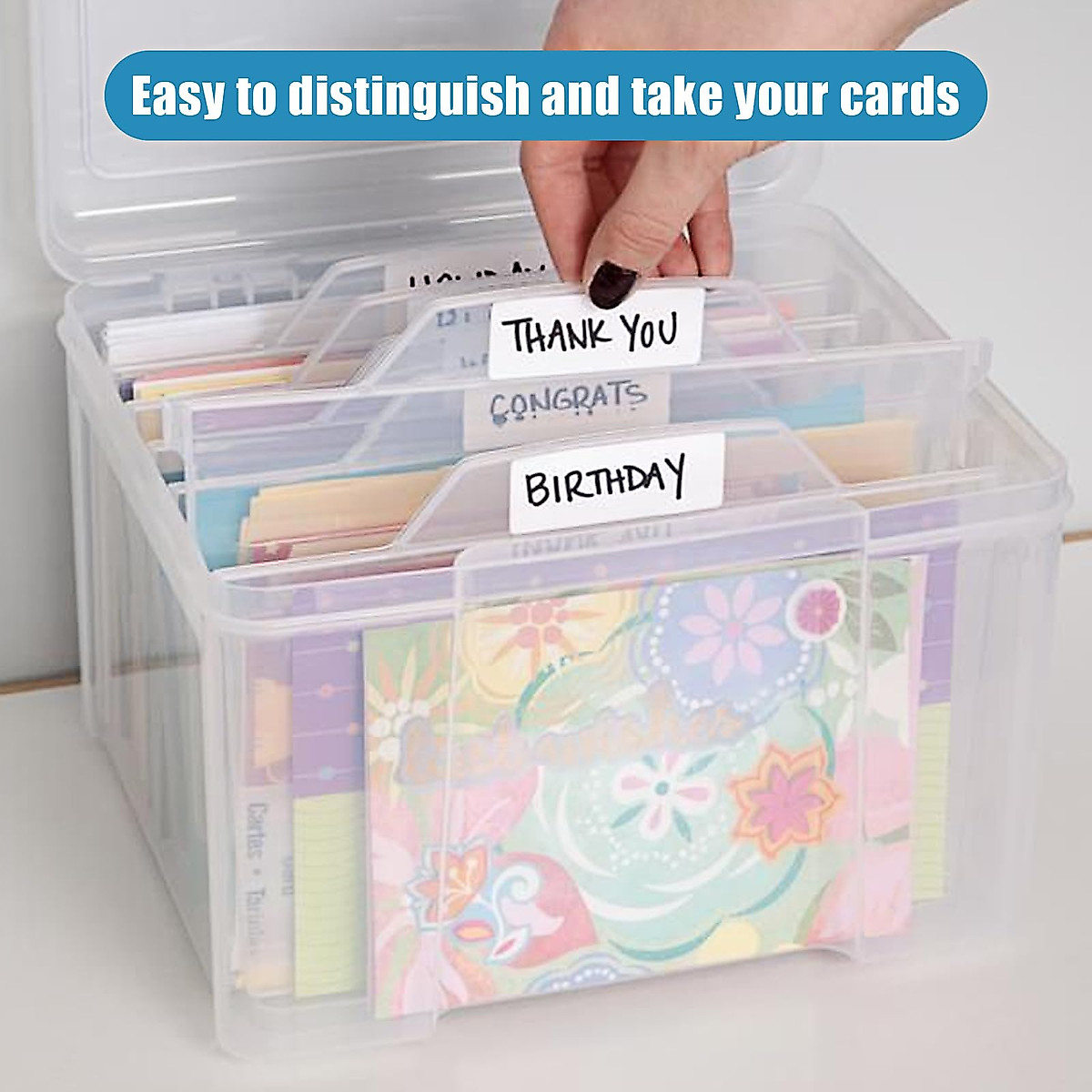 ABuff Greeting Card Storage and Organizer Box with 6 Adjustable Dividers, Clear Plastic Photo Storage Box Card Organizer Box for Photos, Scrapbook, Stickers, Envelopes