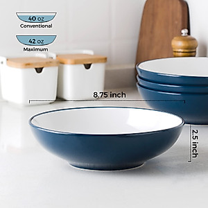 GBHOME 8.75'' Large Pasta Bowls Set of 4, 42oz Stoneware Deep Salad Pasta Bowls for Kitchen, Chip-resistant Bowls Set for Salad Pasta Meal, Microwave and Dishwasher Safe, White-Cobalt