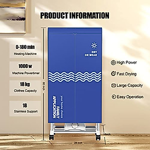 Clothes Dryer, Portable Drying Machine with Timer, 60inch Laundry Drying Wardrobe with Large Capacity, Electric Dryer/Rack for Home | Appartments (Ocean Blue)