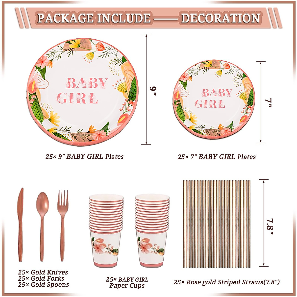 LFSTGN 277 Pcs Baby Shower Decorations for Girl, Rose Gold Baby Shower Decor Supplies - "BABY girl" Banner, Tassel, Balloon, Tableware with Rose Gold Floral for 25 Guests