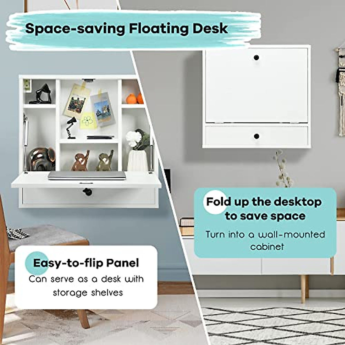 IFANNY Wall Mounted Desk, Wall Computer Desk w/Storage Drawer & Shelves, Compact Floating Desk for Wall, Space Saving Wall Desk Fold Down, Wall Desks for Small Spaces (White)