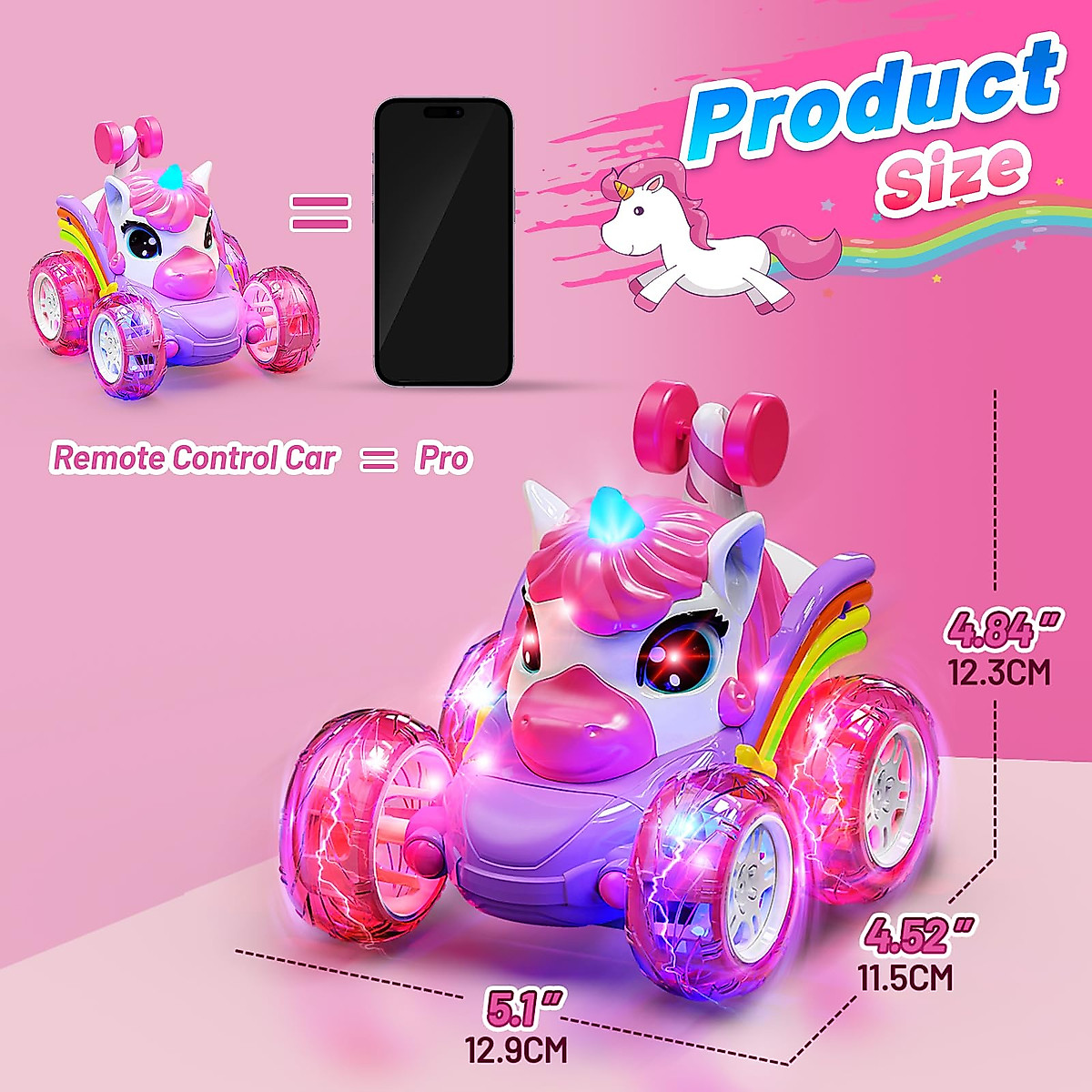Carsky Remote Control Car RC Stunt Cars for Girl 360°Stunt Rotation 4WD Remote Cars for Kids 3-6 Double Sided RC Car with LED Lights,2.4GHz Electric Toy Car,Birthday Gift for 3 4 5 6 Year Old Girl