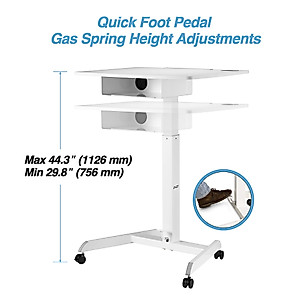 AVLT 44" Height Adjustable Foot Pedal Rolling Desk with Shelf (3 ft 8 inches) - Pneumatic Laptop Standing Desk Cart - Mobile Laptop Cart - White Computer Projector Cart with Brake Casters