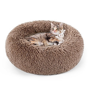 rabbitgoo Cat Beds for Indoor Cats, 20 inches Cat Bed Machine Washable, Fluffy Round Pet Bed Non-Slip, Calming Soft Plush Donut Cuddler Cushion Self Warming for Small Dogs Kittens, Light Brown, Medium