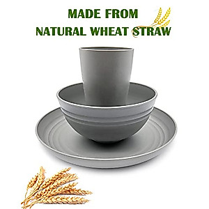 KITWILD Wheat Straw Dinnerware Sets, 12-Piece Lightweight Plastic Dinnerware Set with 8.9 Inch Unbreakable Plates, Bowl Set and Cup Set, BPA free, Dishwasher & Microwave Safe, Service for 4 - Grey