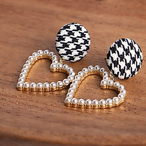 Sonateomber Black White Antique Pearl Heart Hoop Drop Dangle Earrings for Women, Vintage Cute Retro Round Houndstooth Checkered Valentine Love Jewelry Prom Gift