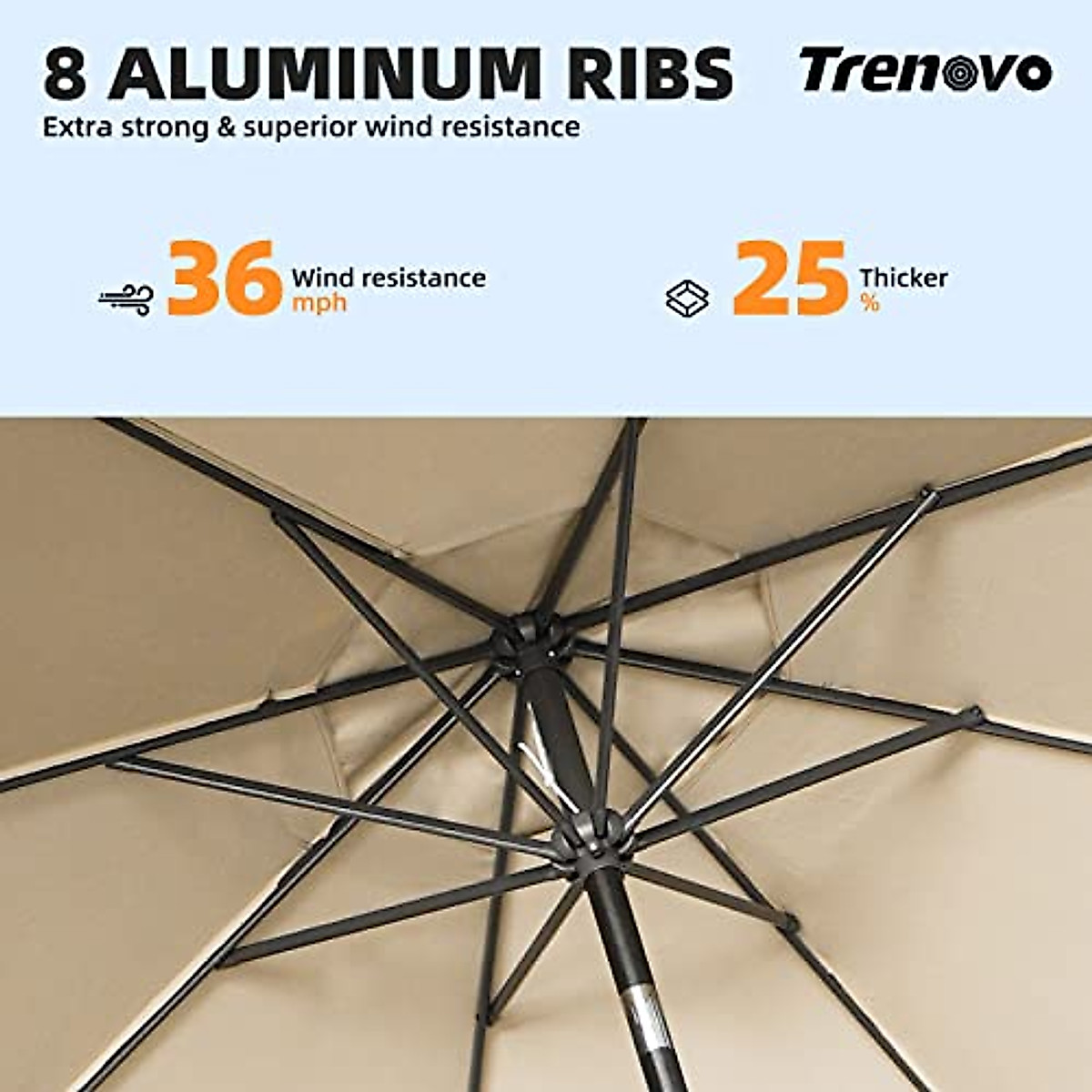 Trenovo 7.5 FT Patio Umbrella - Outdoor Table Umbrella with Push Button Tilt and Crank, UV Protection & 6 Reinforced Ribs Waterproof Market Umbrella for Garden, Lawn, Deck, Backyard, Pool（Tan）