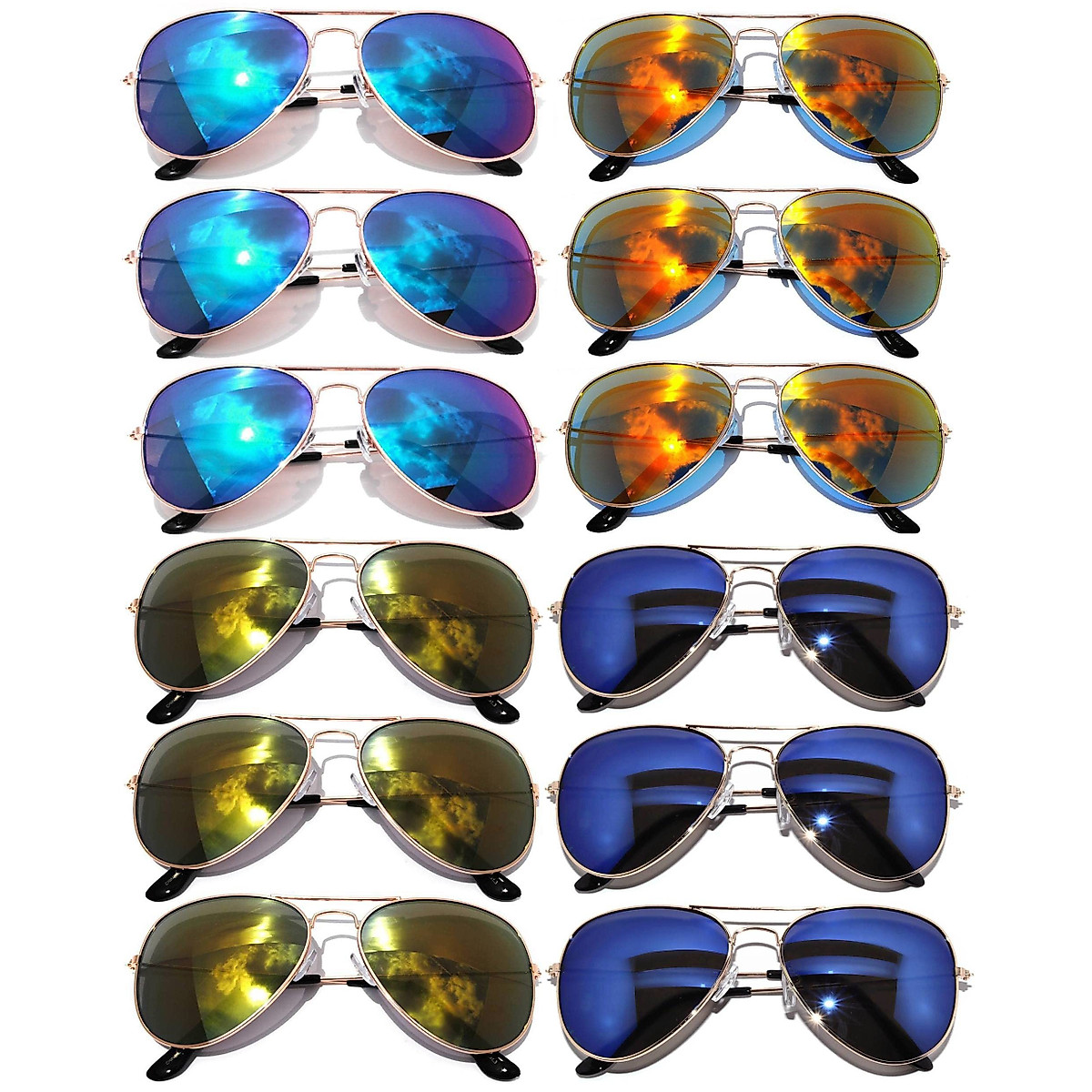 OWL Wholesale 12 Pack Aviator Gold Frame Sunglasses Full Color Mirror Lens Blue, Blue-Green, Red, Yellow UV400