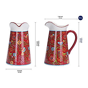 Bico Red Spring Bird Ceramic 2.5 Quarts Pitcher with Handle, Decorative Vase for Flower Arrangements, Dishwasher Safe