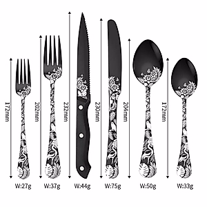 24 Piece Black Patterned Silverware Set Food-Grade Stainless Steel Cutlery Set With Steak Knives Flatware Set for 4 Mirror Polished Tableware Utensil for Home Kitchen Restaurant Ergonomic Durable