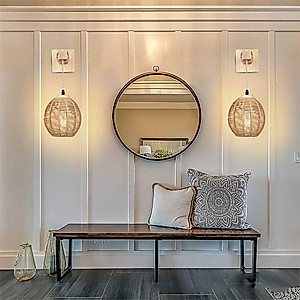 TIGKHAE 2Pcs Bamboo Lantern Wall Sconces Wicker Lamp Cord Hand Woven Rattan Wall Light Lamp Farmhouse Rustic Boho Sconces Wall Lighting for Living Room Bedroom E26