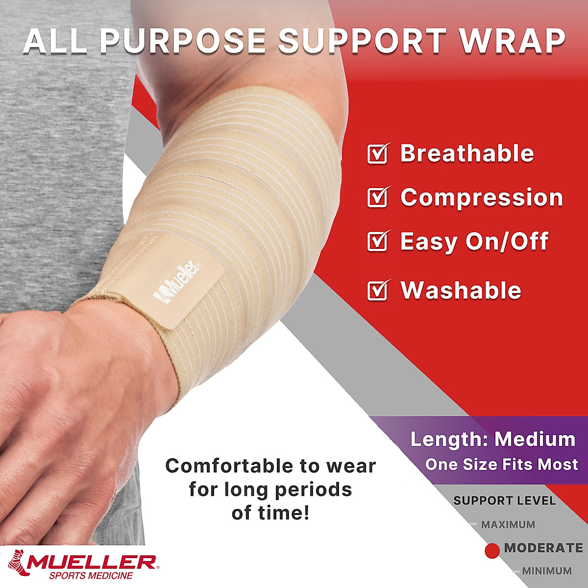 MUELLER Sports Medicine All-Purpose Support Wrap for Men and Women, Adjustable Compression for Joint and Muscle Support, Beige, Regular (Pack of 1)