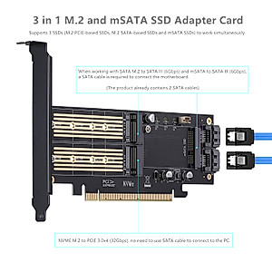 3 in 1 M.2 and mSATA SSD Adapter Card for M.2 NVME to PCIE Adapter,M.2 SATA SSD to SATA III Adapter,mSATA to SATA Adapter (with 2 Aluminum Heatsink)