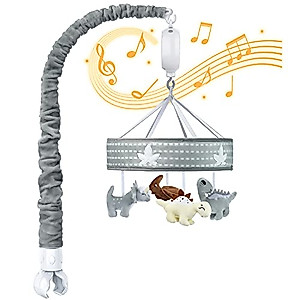 FEISIKE Crib Mobile for Boys,3 Modes Musical Crib Toy,12 Lullabies,Volume Control(Level 0-100),Gray,Claw Type Fit Crib and Bassinet,Dinosaur Jurassic Theme Toys