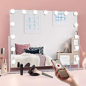 MISAVANITY Vanity Mirror with Lights and Speaker 360 Degree Rotating Hollywood Lighted Makeup Mirror with 15 Dimmable LED Bulbs 3 Color Lighting USB Charge Port for Dressing Room and Bedroom, White