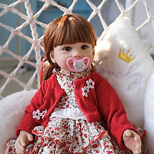 Zero Pam Lifelike Reborn Toddler Girl Doll 24 Inch Realistic Reborn Girl Dolls Weighted Newborn Baby Soft Cloth Body Long Hair Red Outfits Handmade Baby Toys Cute Plush Bear
