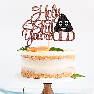 RoadSea Holy Shit You're Old Cake Topper - Women Men Birthday Cake Supplies - 30th 40th 50th 60th 70th 80th 90th 100th 101st Birthday Party Decoration - Rose Gold Glitter