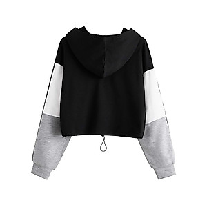 SweatyRocks Women's Casual Long Sleeve Colorblock Pullover Hoodie Sweatshirt Crop Top Black Grey X-Small
