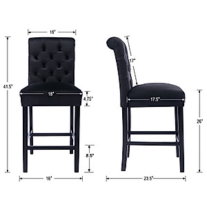 DM Furniture Bar Stools Set of 2, 26 inch Velvet Counter Height Barstools Modern Upholstered Kitchen Island Wood Bar Chairs for Home Pub/Bistro/Coffee House, Black