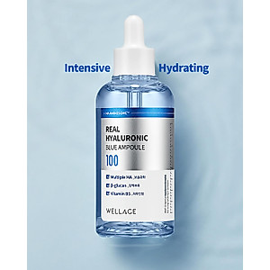 WELLAGE Real Hyaluronic Blue Ampoule 100, Fragrance Free Hyaluronic Acid Ampoule, Hydrating Non Sticky Serum for Sensitive Dry Skin, 2.54 fl.oz