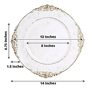 Efavormart 6 Pack White 13" Round Baroque Charger Plates Leaf Embossed Antique Gold Rim for Tabletop Decor Catering Event