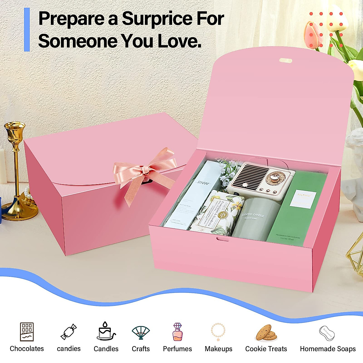 PEKGRIL 15 PCs Gift Boxes with Lids, Pink 10X8X4 Inch Gift Boxes, Bridesmaid Proposal Box with Ribbon, Kraft Paper Boxes for Wedding, Packaging, Present, Birthday, Christmas, Party