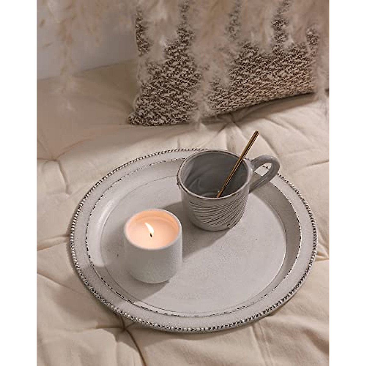 RM ROOMERS White Round Wooden Tray, Decorative Round Tray with Tiny Bead Stringing, Coffee Table Tray Circle, White Round Serving Tray for Living Room, Farmhouse