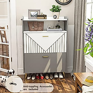 Aheaplus Shoe Cabinet with Flip Doors, Shoes Storage Organizer with Motion Sensor Led Light, Entryway Wood Freestanding Tipping Bucket Shoe Rack with Open Shelves for Closet, Living Room, Grey&White