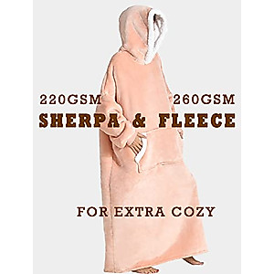 Jugbey Oversized Lengthened Wearable Blanket Hoodie for Women Men,Cozy Fuzzy Sherpa & Fleece Hooded Blankets,Big Blanket Sweatshirt with Sleeves & Giant Pocket Pink