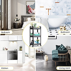 3 Tier Utility Rolling Cart, Rolling Storage Cart with Lockable Caster Wheels, Detachable Bathroom Organizer Cart with Handle, 8 Hanging Hooks, Easy Assembly, for Kitchen, Bathroom, Office, Black