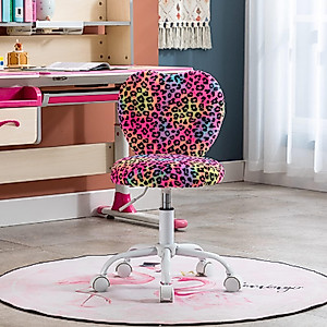 LZAREAL Cute Fuzzy Kids Chair for Teenage Girls Rolling Study Desk Student Chair Furry Computer Task Chair, Adjustable Heart Shaped Reading Vanity Chair for Bedroom, Leopard
