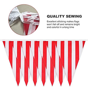 Red & White Striped Pennant Banners, Reusable Polyester Cloth Flags for Carnival Circus Party Decorations, Birthday Celebrations, Tent Camping (30 Feet - 21 Large Flags)