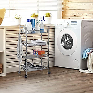 Greenway 4-Tier Mobile w/Side Hooks Storage Cart, Silver