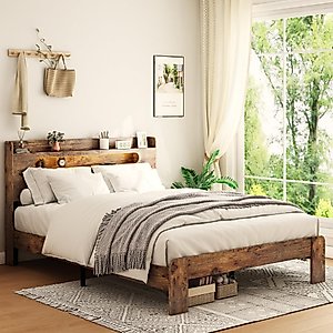 SAMTRA Wooden Queen Size Bed Frame with Storage Headboard, Farmhouse Platform Bedframe with Charging Station & Led Lights, Sturdy Wood Slat Framework, Easy Assembly (Rustic Brown Led)