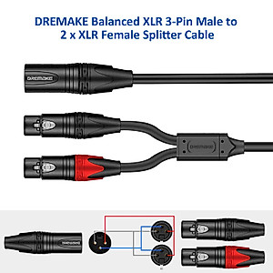DREMAKE Balanced XLR Microphone Y Splitter Audio Cable, XLR Male to Dual XLR Female Y Cord, 3-Pin XLR Male to Double XLR Female Mic Adapter Converter Cable 3 Feet 2 Female to 1 Male XLR Plug