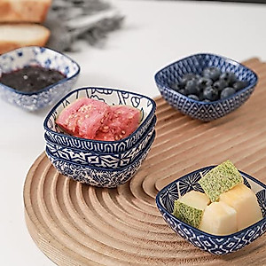 Selamica Ceramic 2.6 OZ Square Dipping Bowl Set, Soy Sauce Dish 3 inch Small Bowls for Ketchup Condiments Side Dish BBQ, Ramekins Oven safe, Stackable, Set of 6, Vintage Blue
