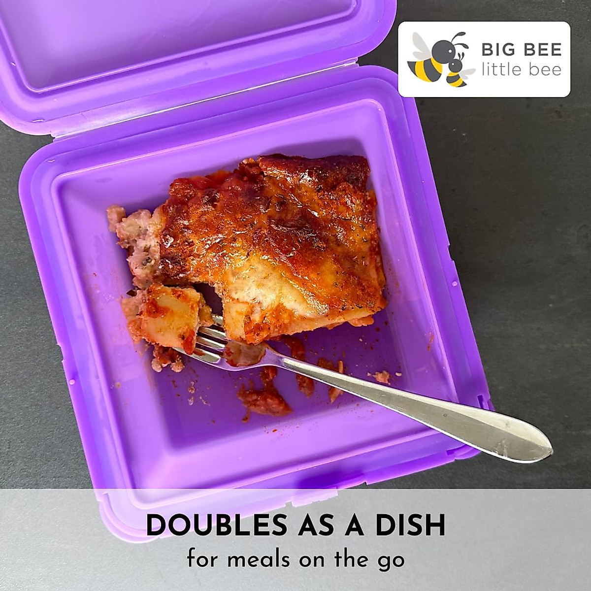 Big Bee, Little Bee - SoftShell XL Reusable Silicone Food Storage Container with Attached Clamshell Lid, Easy Cleaning, Snaps Closed, Microwave, Freezer & Dishwasher Safe (Stone)