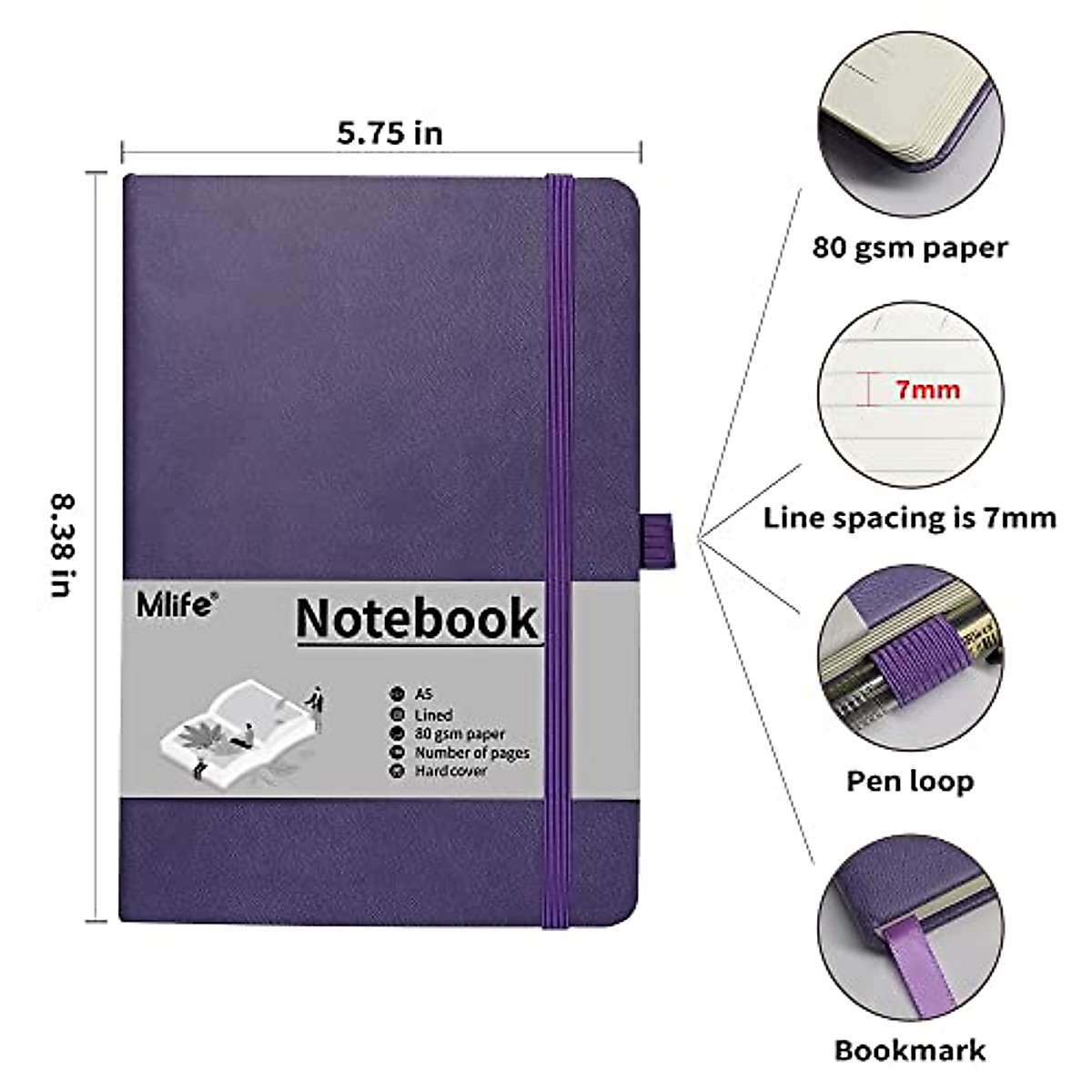 Mlife A5 Lined Journal Notebook, College Ruled Notebook, 196 Pages, 5.75 * 8.38 inches, Hardcover Notebook for Work, Journals for Writing (1Pack Purple)