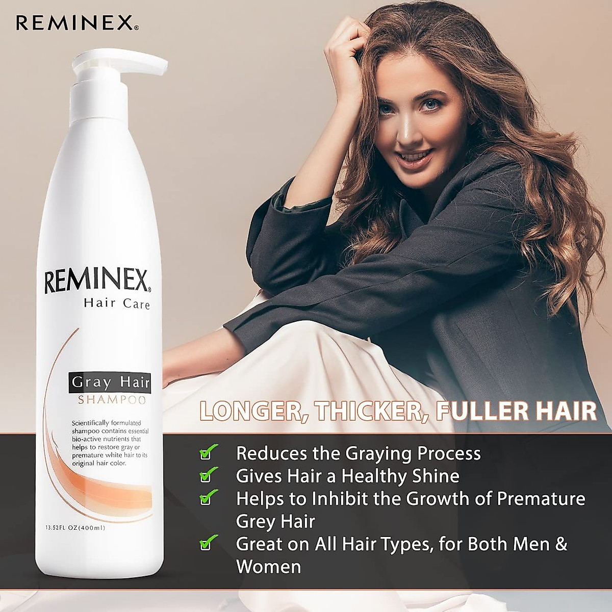 Reminex Anti Gray Hair Shampoo - Proprietary Treatment Infused with Argan Oil To Help Restore Gray And White Hair To Its Natural Color - 13.5 Oz No Paraben (1 Pack)