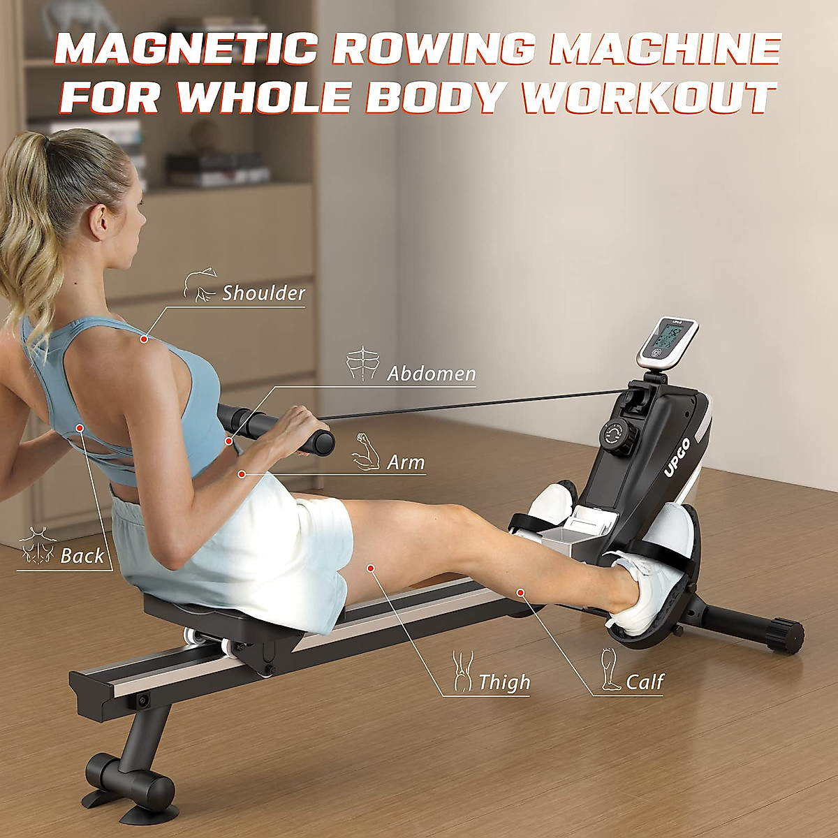 Upgo Rower Magnetic Rowing Machine Indoor Foldable Rower with 8 Level Adjustable Quiet Magnetic Resistance, Ergonomic Seat & LCD Monitor Cardio Exercise Training Max Weight 350 lbs