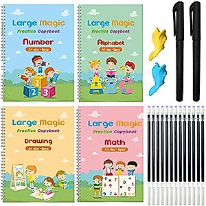 Monking 4Pc Large Magic Practice Copybook for Kids,Handwriting Practice Book 4 Pack with Pen Refill English Cursive Calligraphy Reusable Age 3-8 ，11.4x8.3Inch (4pc+2 pen)