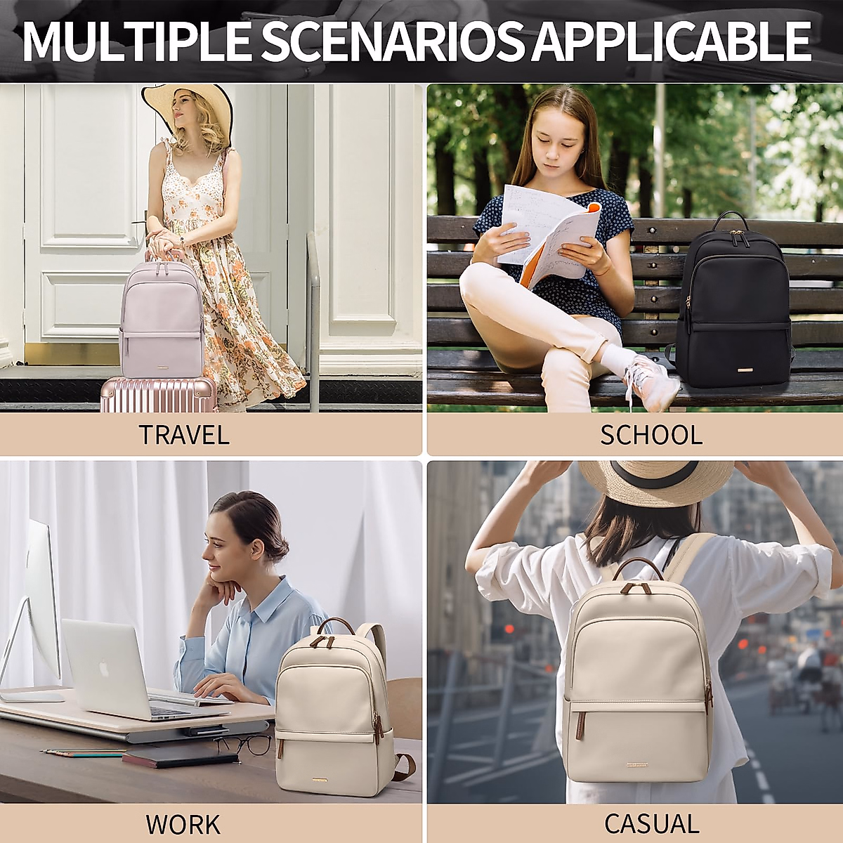 GOLF SUPAGS Laptop Backpack for Women Slim Computer Bag Work Travel College Backpack Purse Fits 15.6 Inch Notebook (Apricot)