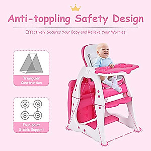 Costzon Baby High Chair, 3 in 1 Infant Table and Chair Set, Convertible Booster Seat with 3-Position Adjustable Feeding Tray, Adjustable Seat Back, 5-Point Harness (Pink)