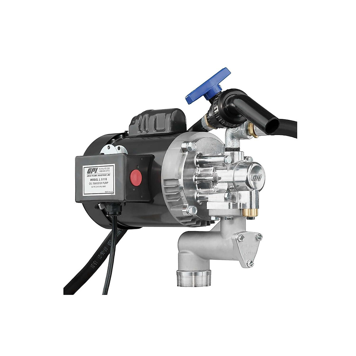 GPI - L5116 High Viscosity Oil Pump, 16 QPM, 115V/230AC Oil Transfer Pump for Viscous Fluids that Features a 0.75” Ball Valve Nozzle, 8 Foot Hose, 3 Foot Power Cord with Three-Prong Plug (142100-01)