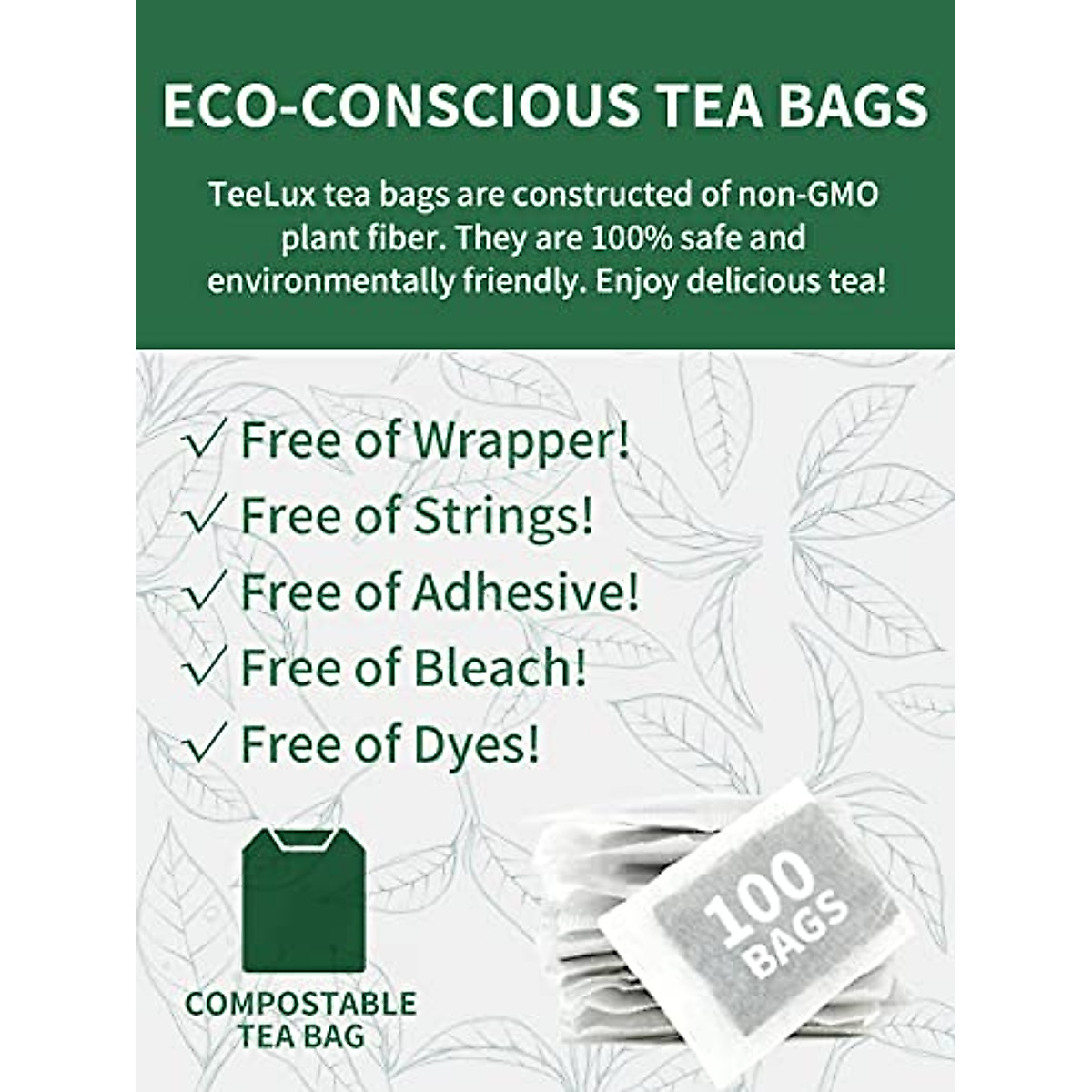 TeeLux Green Tea Bags, Natural Pure Green Tea, Super Antioxidant, Caffeinated, 100 Count Tea Bags to Support Overall Health