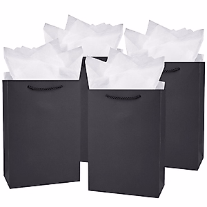 Jutieuo 12 Pcs Luxury Black Bags with Tissue Paper, Medium Size Gift Bags for Men, Groomsmen Proposal Bags, 8x4x11 Inches Premium Black Paper Bags with Handles for Valentine's Day Birthday Gift