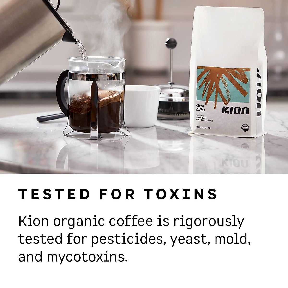 Kion Organic Ground Coffee, Tested for Toxins, Ethically Sourced, Rich, Bold, and Smooth, Medium Roast 12 Oz (1 Pack)