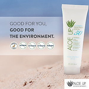 Aloe Up White Collection Sunscreen Lotion SPF 50 - Broad Spectrum UVA/UVB Sunscreen Protector for Face and Body - With Aloe Vera Gel - Alcohol-Free - Reef Friendly - Coco-Mango Fragrance - 4 Oz