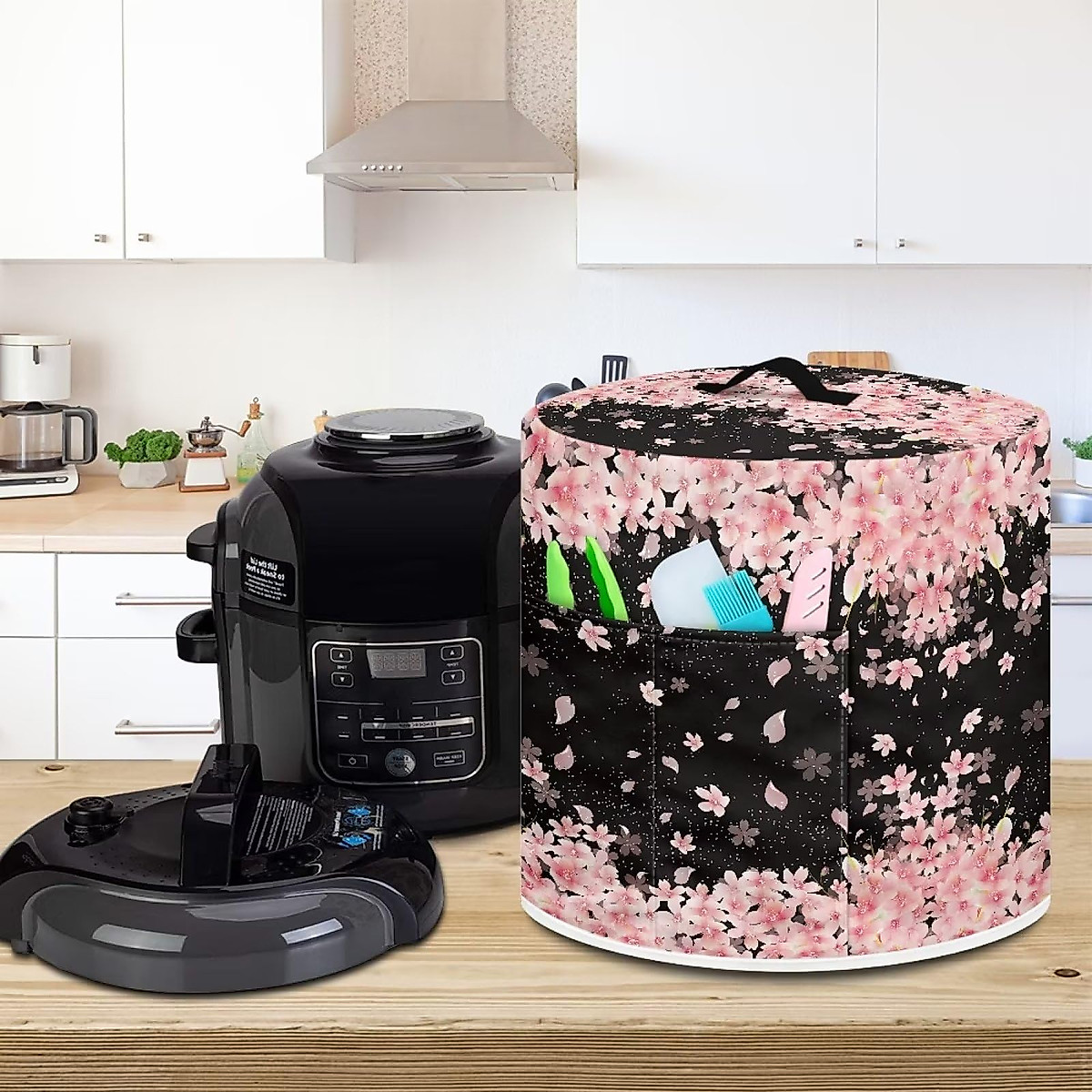 Annejudy Pink Cherry Blossom Kitchen Pressure Cooker Protector, Dust Cover for Small Appliances with Handles & Pockets, Lightweight Air Fryer Cover, Kitchen Small Appliance Accessories
