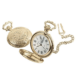 Daniel Steiger American Eagle Luxury Vintage Hunter Pocket Watch with Chain - 18k Gold Plating - Hand-Made Hunter Pocket Watch - Engraved Flying Eagle Design - White Dial with Black Roman Numerals